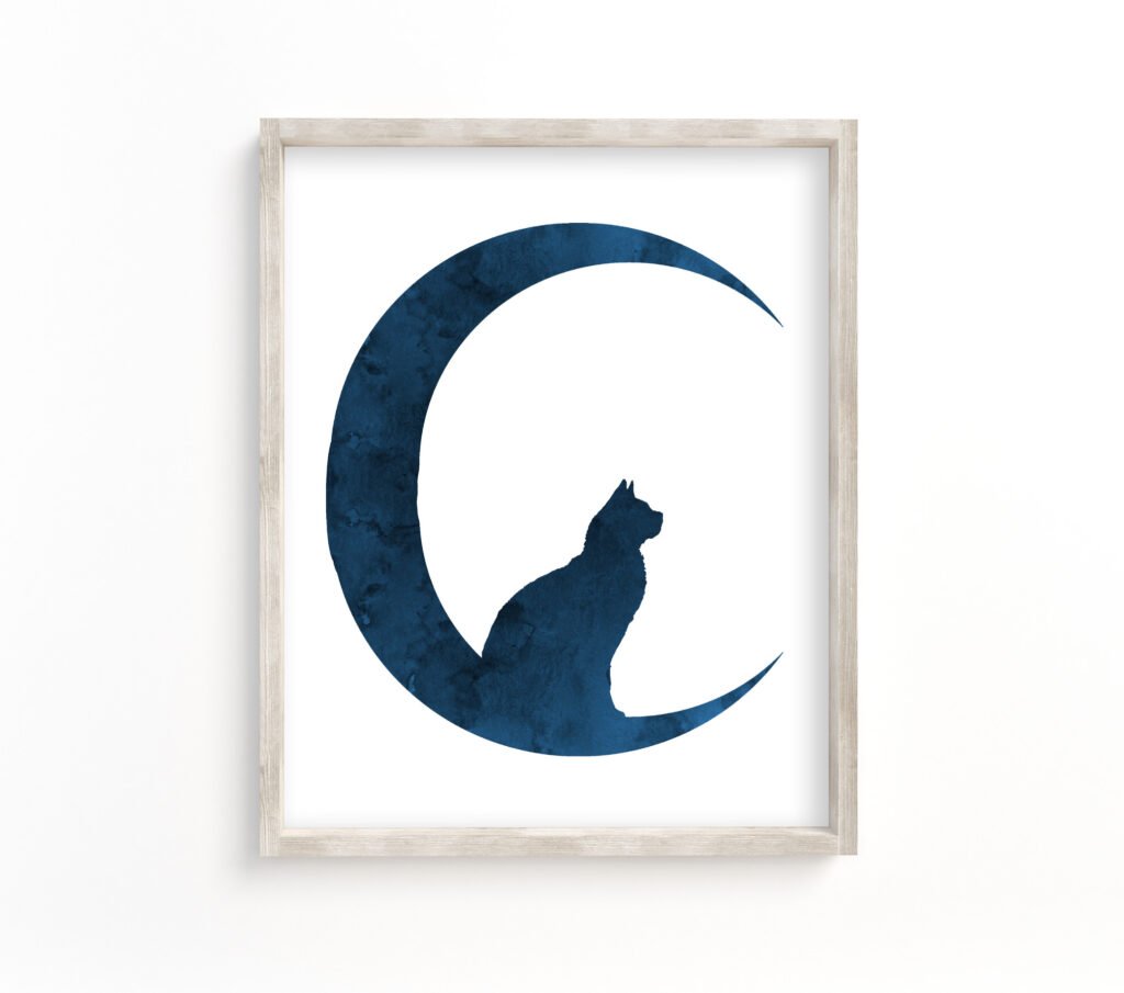 Fantasy Cat Art, Moon Wall Decor, Navy Blue Artwork - BittenByErmines